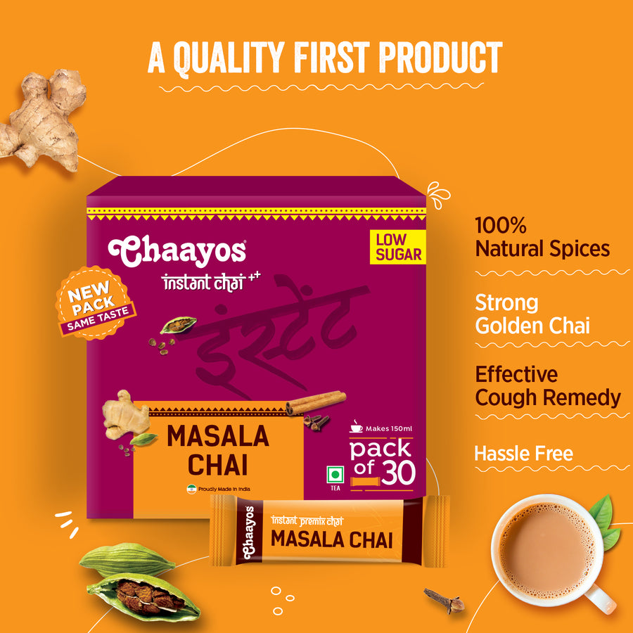Chaayos Instant Tea Premix - Masala Flavour - Low Sugar (30 Sachets)